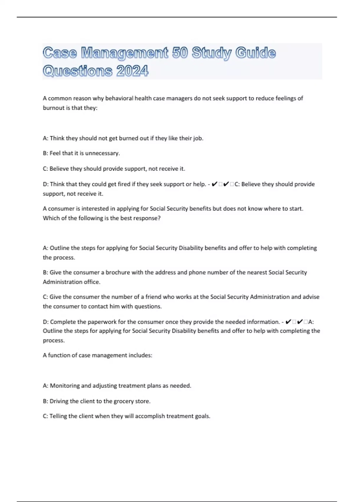 Case Management 50 Study Guide Questions 2024 With Correct Answers - Case Management - Stuvia US