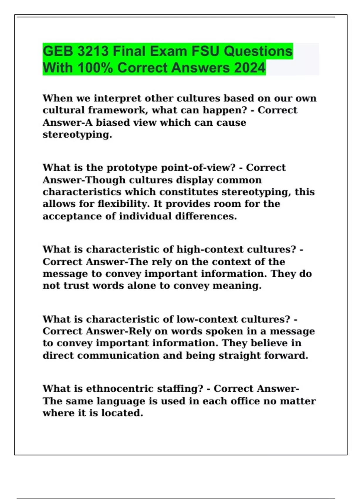 GEB 3213 Final Exam FSU Questions With 100% Correct Answers 2024 - GEB - Stuvia US