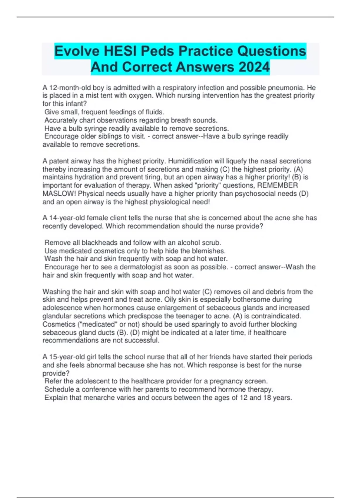 Evolve HESI Peds Practice Questions And Correct Answers 2024 - HESI ...