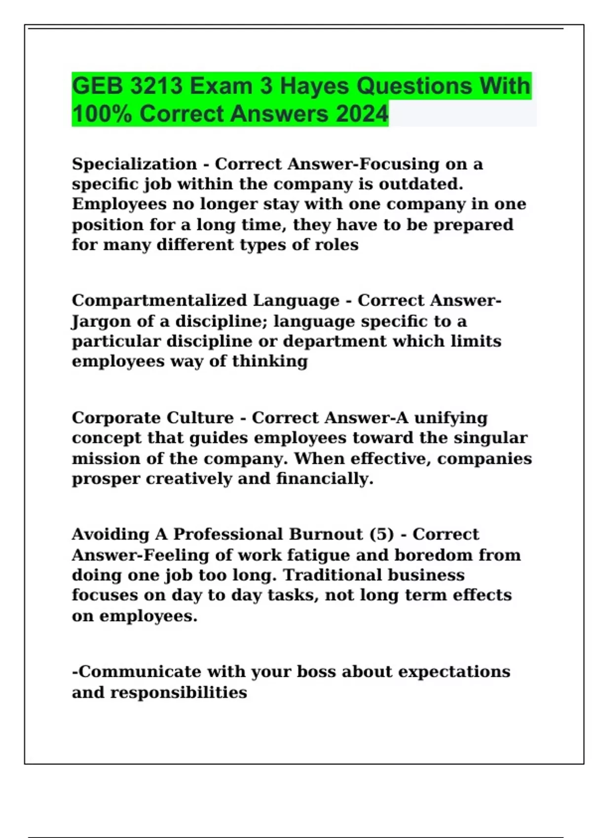 GEB 3213 Exam 3 Hayes Questions With 100% Correct Answers 2024 - GEB ...