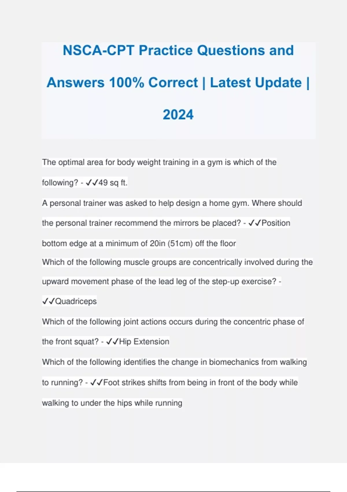 NSCA-CPT Practice Questions and Answers 100% Correct | Latest Update ...