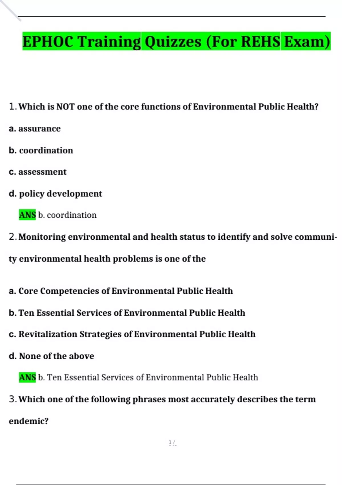 EPHOC Training Quizzes (For REHS Exam) Questions and Answers Latest ...