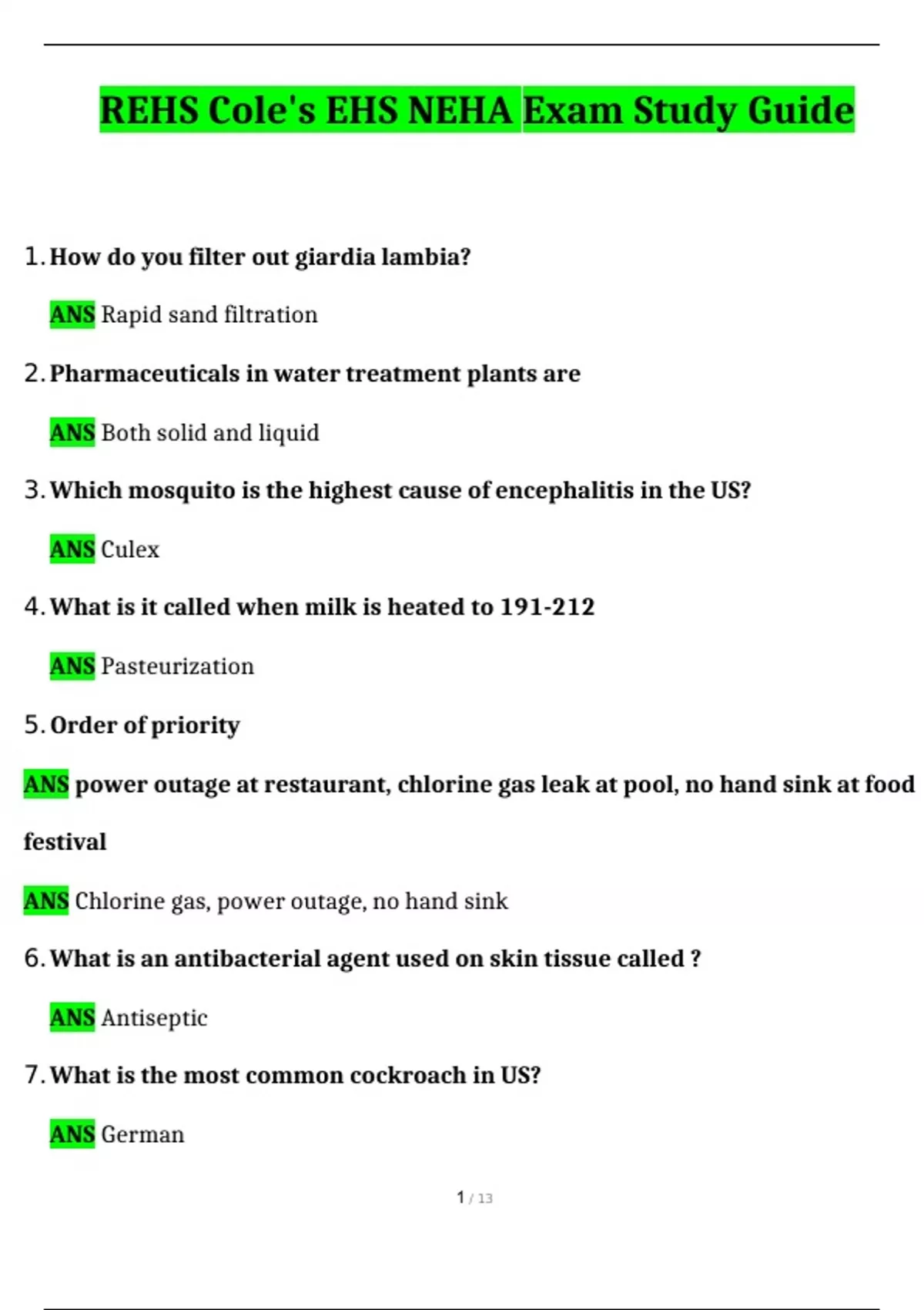 REHS Cole-s EHS NEHA Exam Study Guide Questions and Answers Latest ...