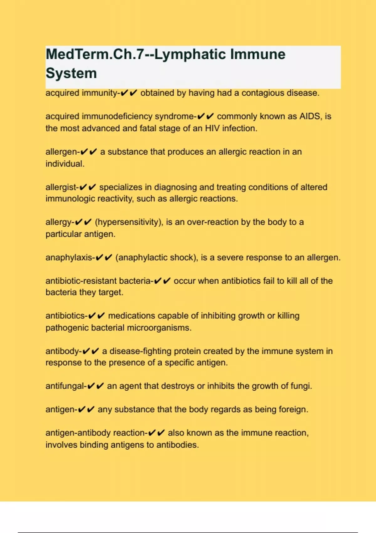 MedTerm.Ch.7--Lymphatic&Immune System all Questions & answers solved ...