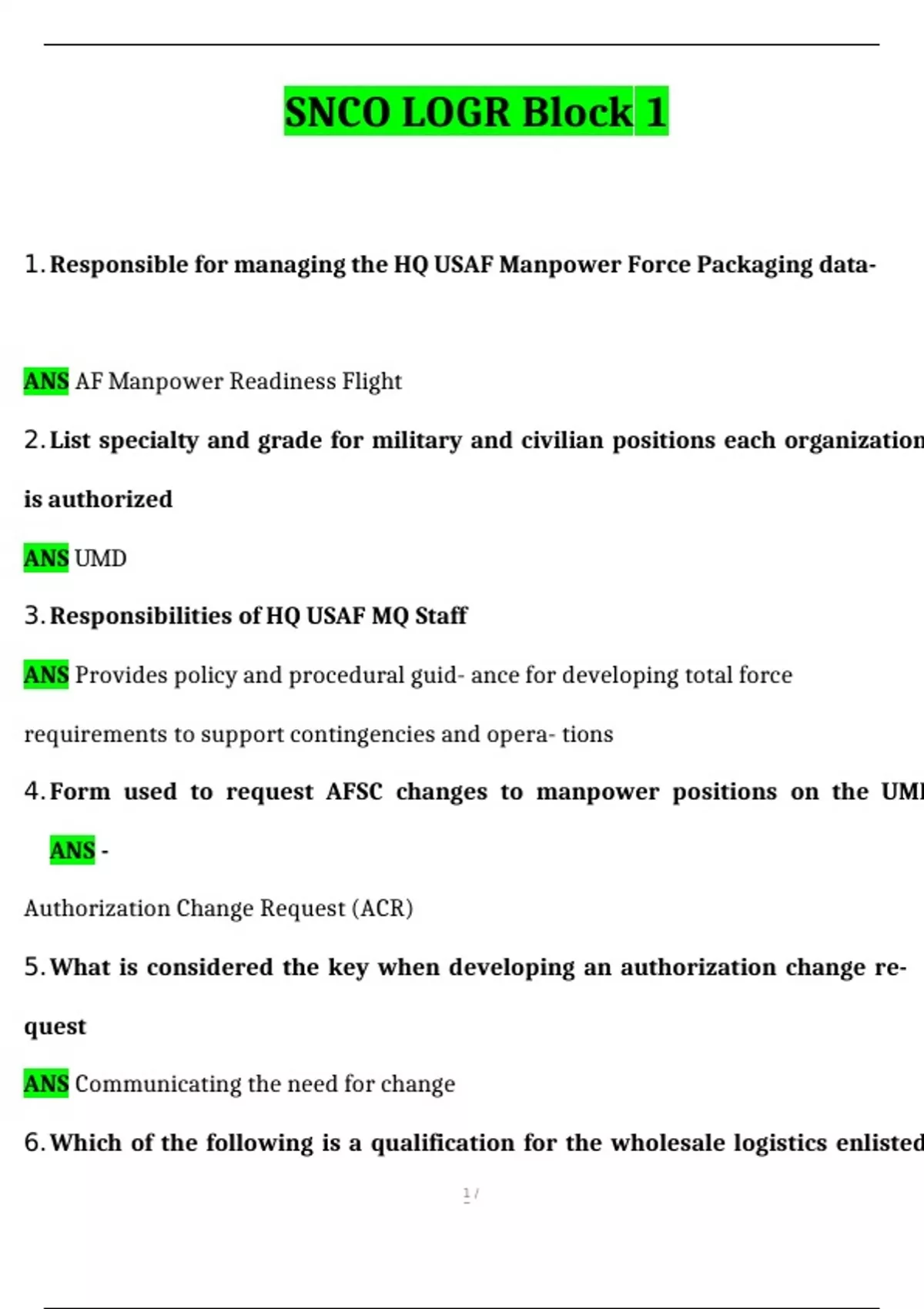 SNCO LOGR Block 1 ( 2024 ) Questions and Answers Latest (2024 / 2025 ...