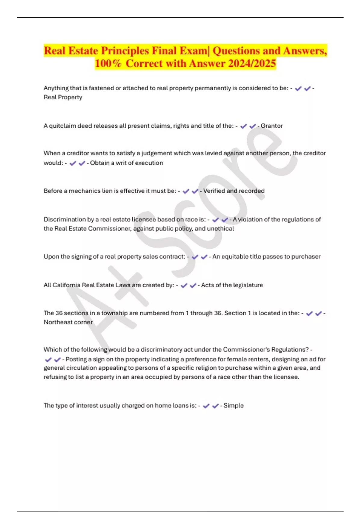 Real Estate Principles Final Exam| Questions and Answers, 100% Correct ...