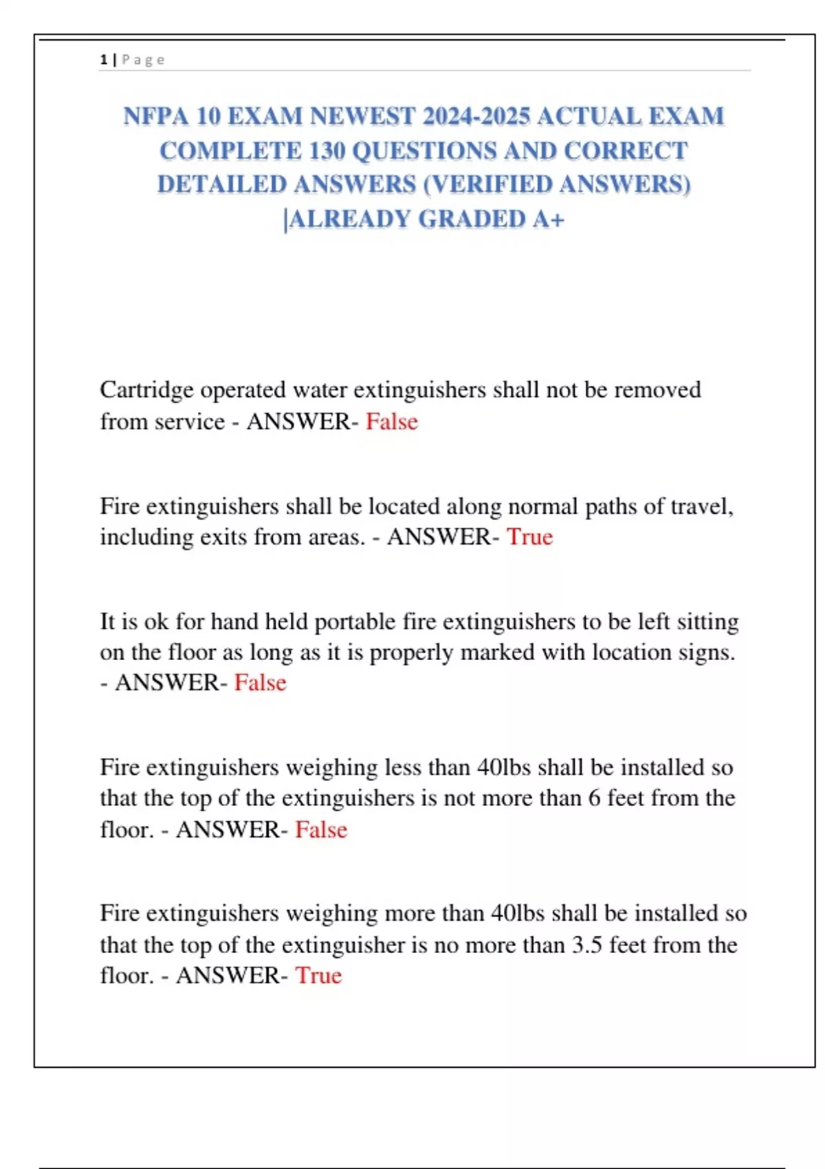 NFPA 10 EXAM NEWEST ACTUAL EXAM COMPLETE 130 QUESTIONS AND CORRECT ...