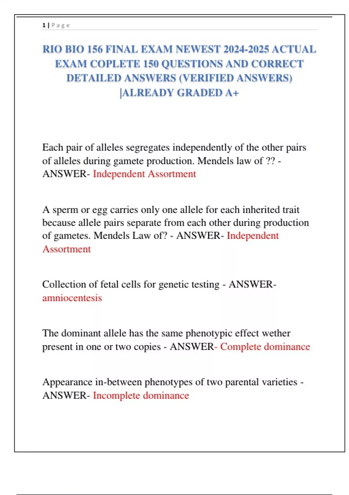 RIO BIO 156 FINAL EXAM NEWEST ACTUAL EXAM COPLETE 150 QUESTIONS AND ...