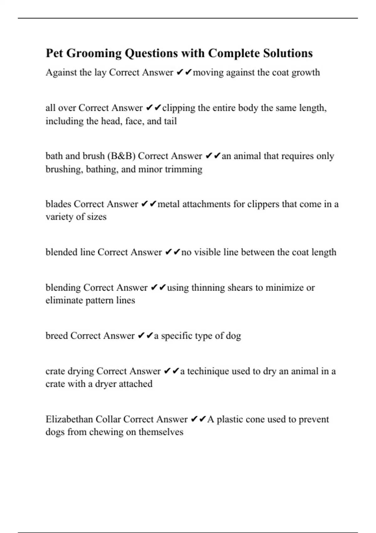 Pet Grooming Questions with Complete Solutions - Pet Grooming - Stuvia US