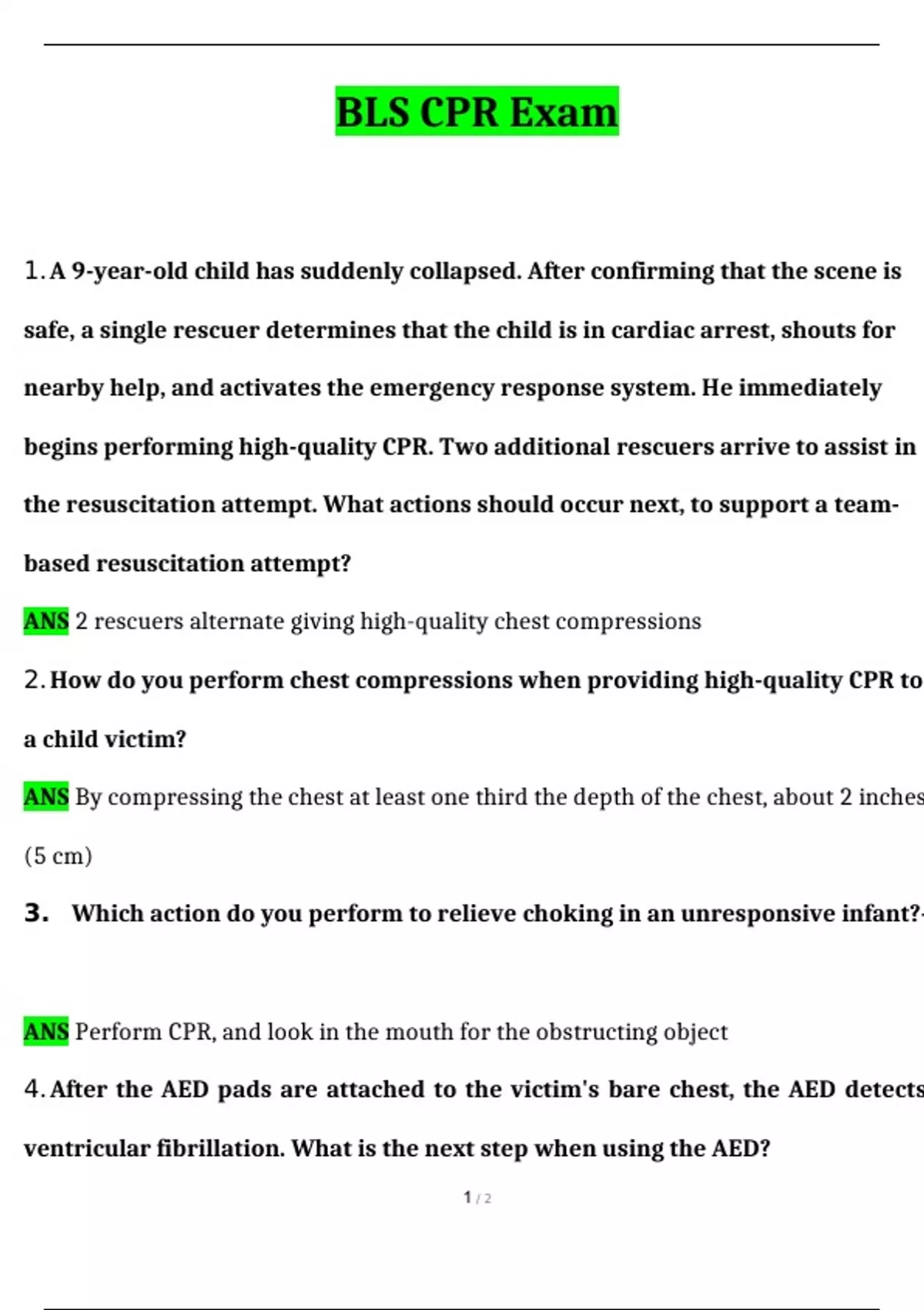 BLS CPR Exam 2024 Questions and Answers Latest (2024 / 2025) (Verified ...
