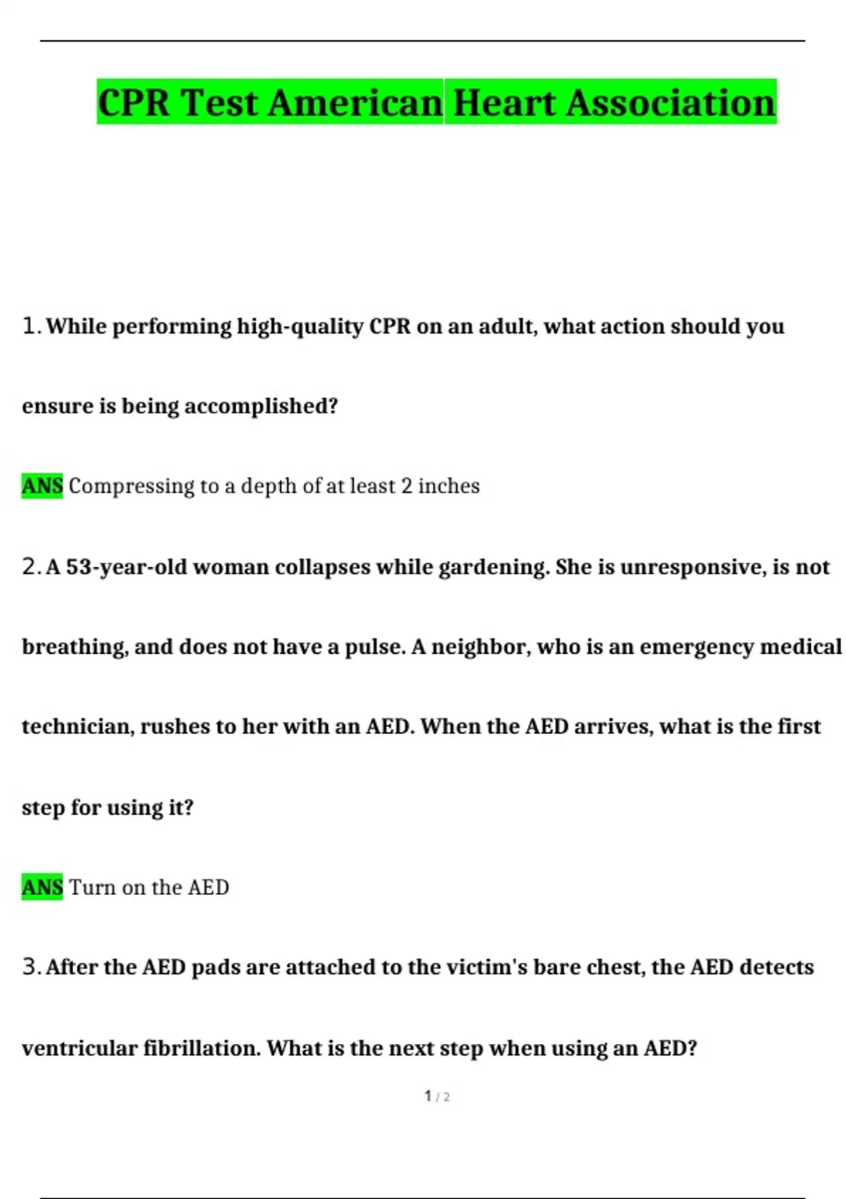 CPR Test American Heart Association Questions and Answers Latest (2024 ...