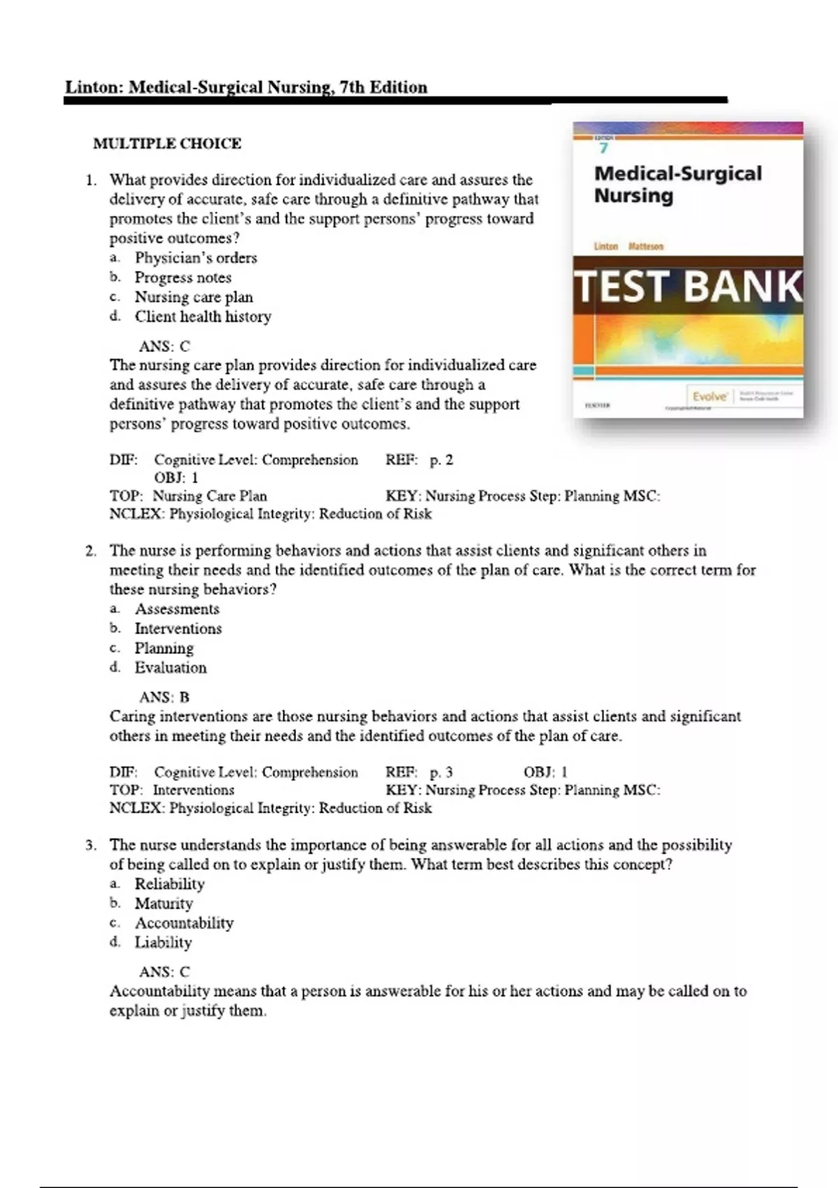 Medical-Surgical Nursing 7th Edition by Linton Test Bank All Chapters ...