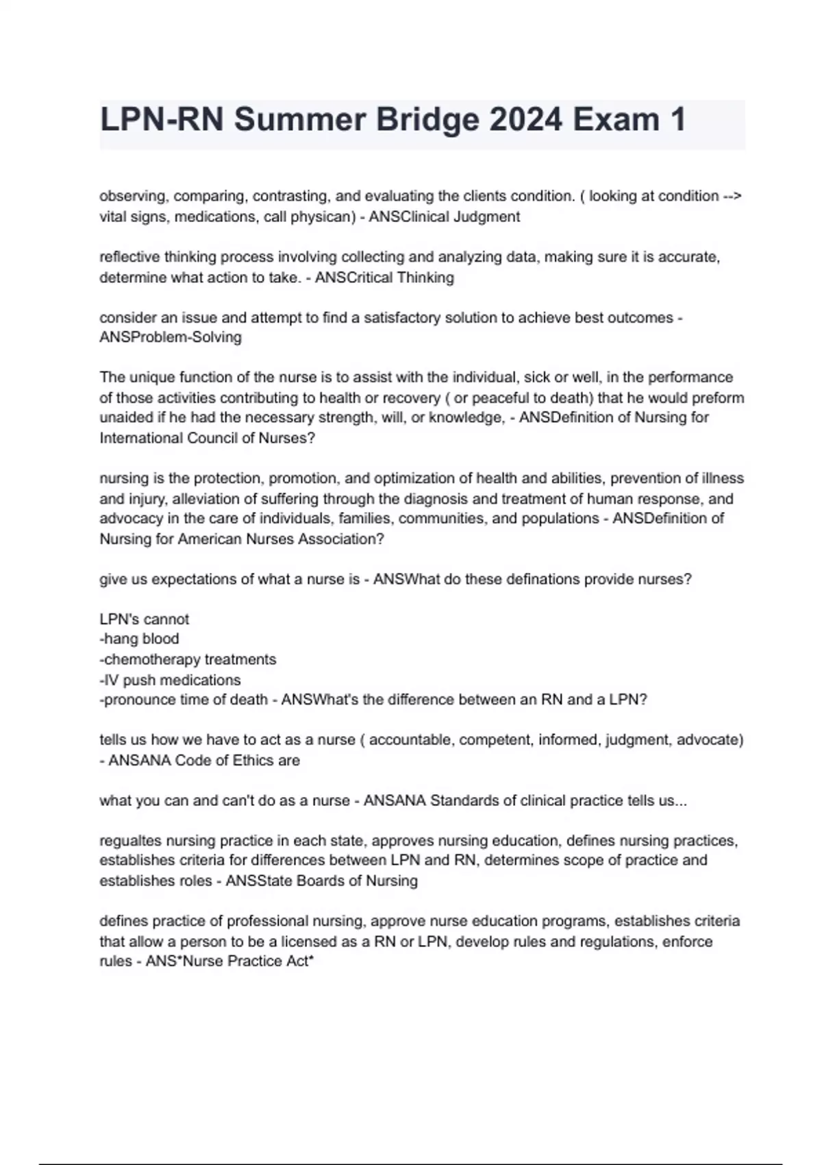 LPN-RN Summer Bridge 2024 Exam 1 questions and answers guaranteed pass ...