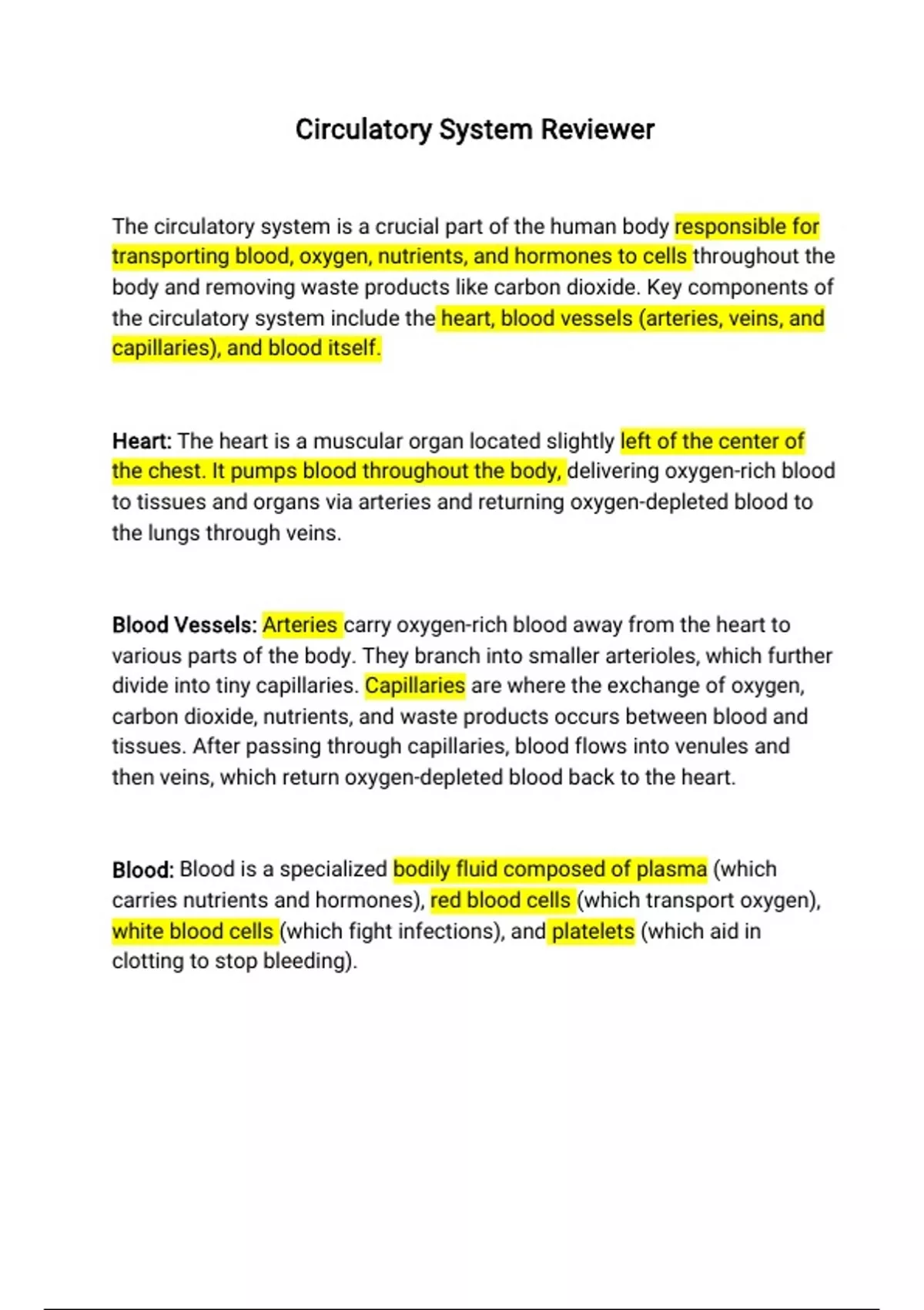 Summary Circulatory System - Science - Stuvia US