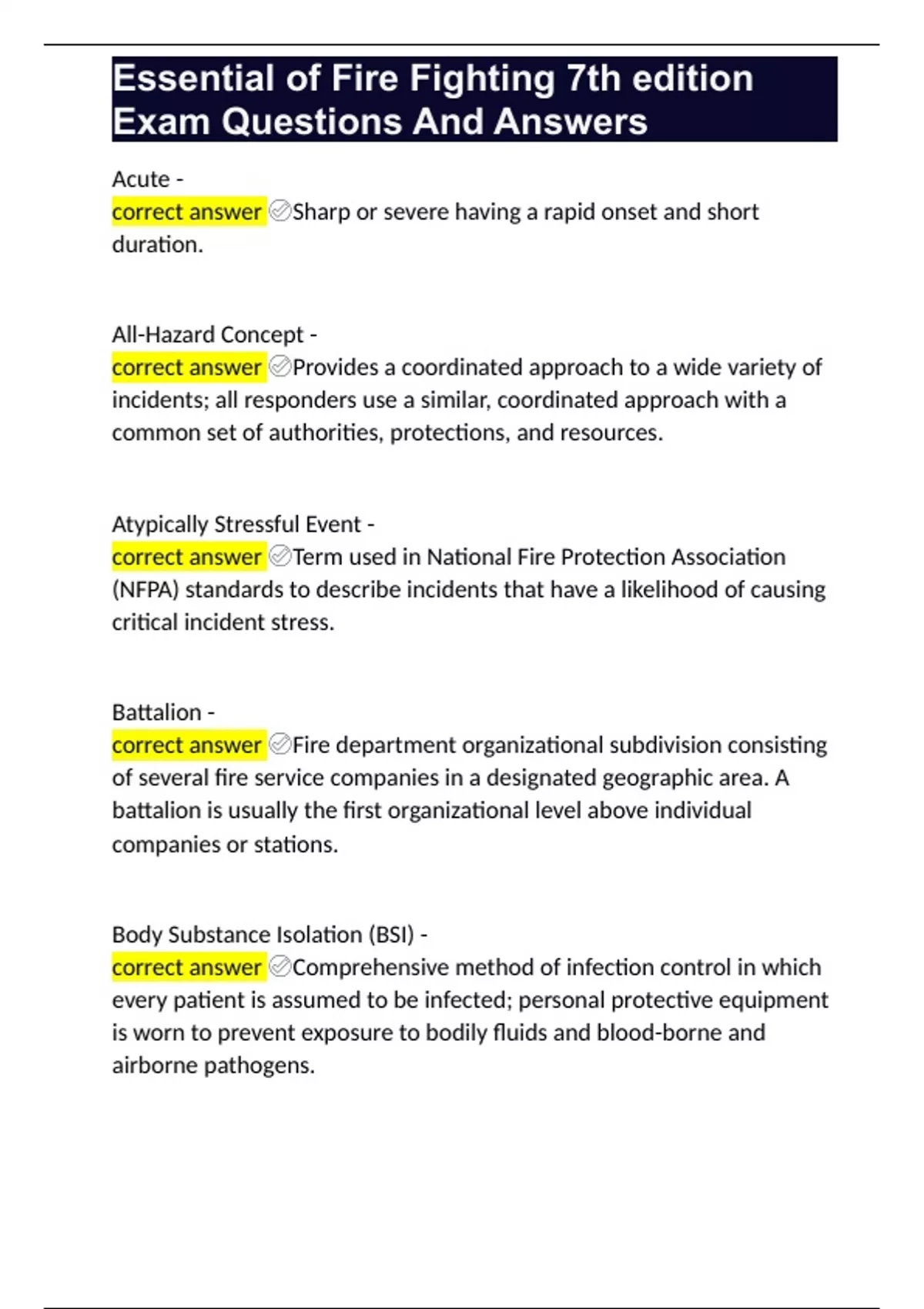 Essential of Fire Fighting 7th edition Exam Questions And Answers ...