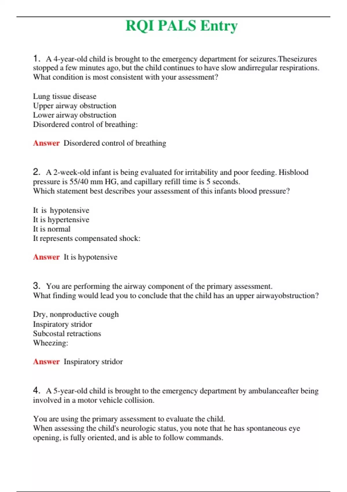 RQI PALS Entry (Latest 2024) Questions With Complete Grade A+ Answers ...