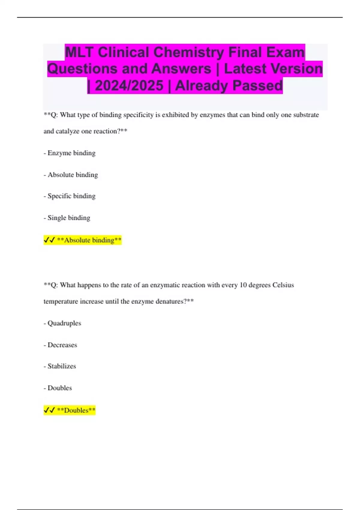 MLT Clinical Chemistry Final Exam Questions and Answers | Latest ...