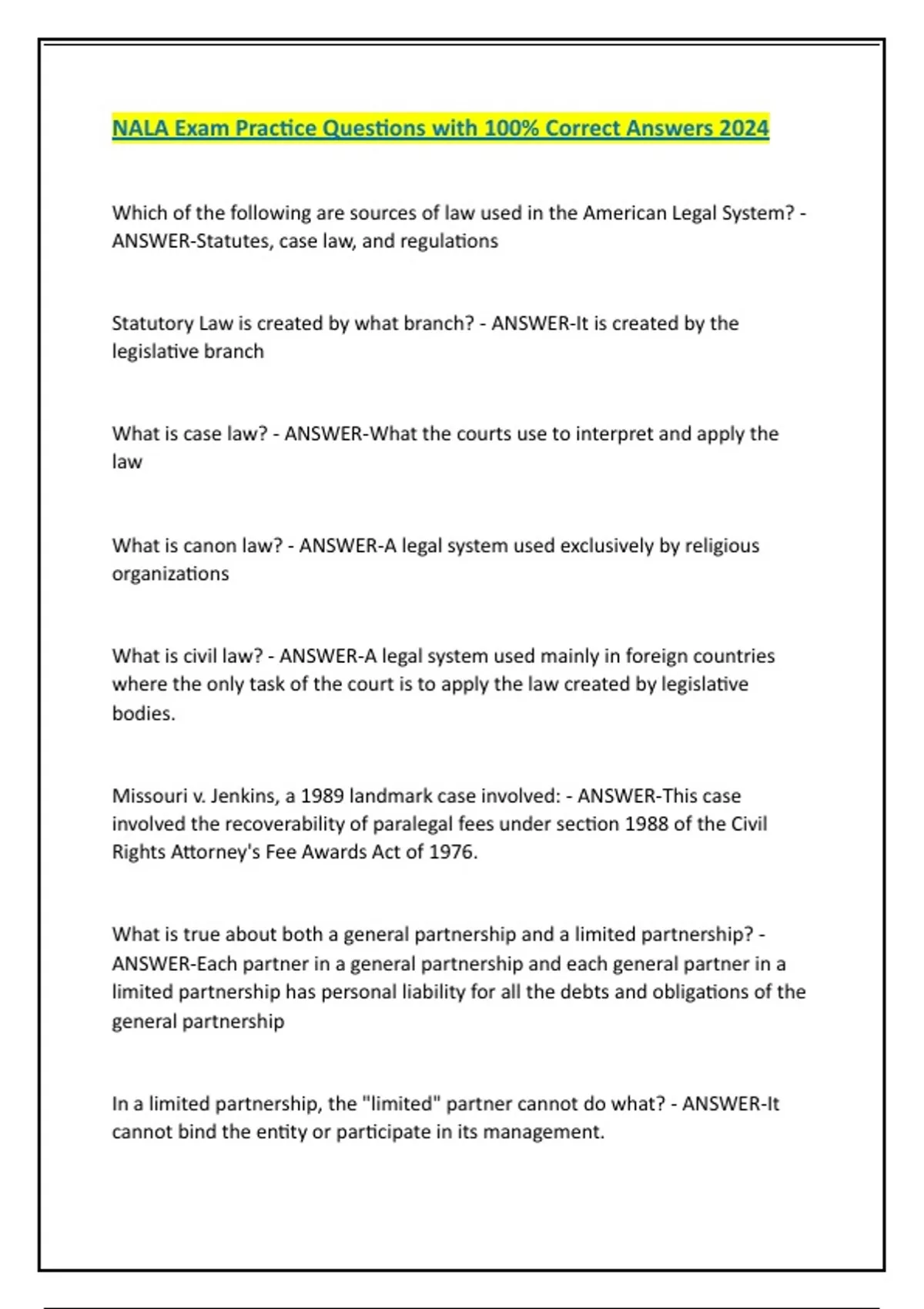 NALA Exam Practice Questions with 100% Correct Answers 2024 - NALA ...