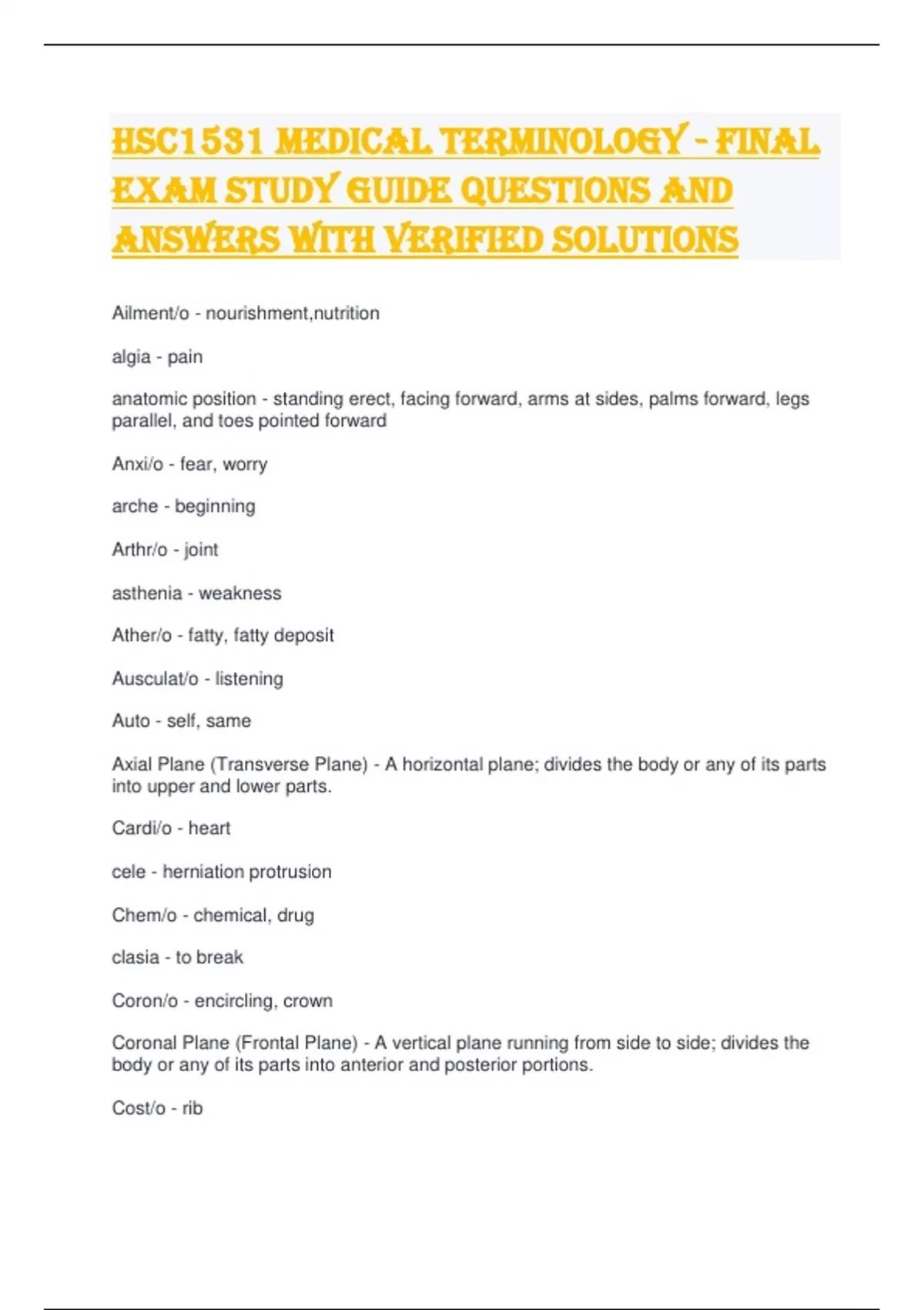 HSC1531 Medical Terminology - Final Exam Study Guide Questions and ...