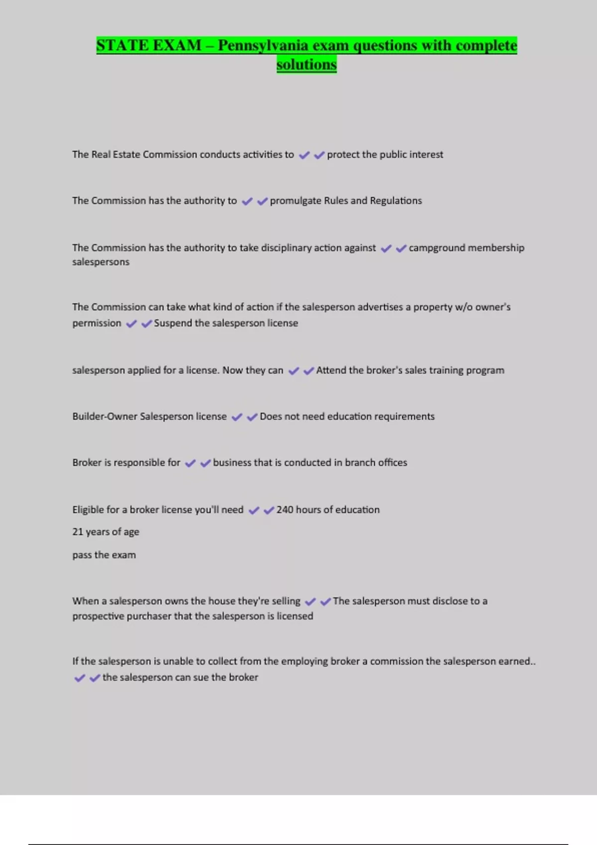 STATE EXAM – Pennsylvania exam questions with complete solutions - PA ...