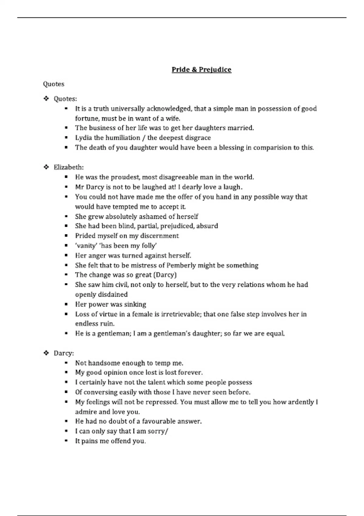 Summary Character quotes list of GCSE Pearson Pride and Prejudice ...
