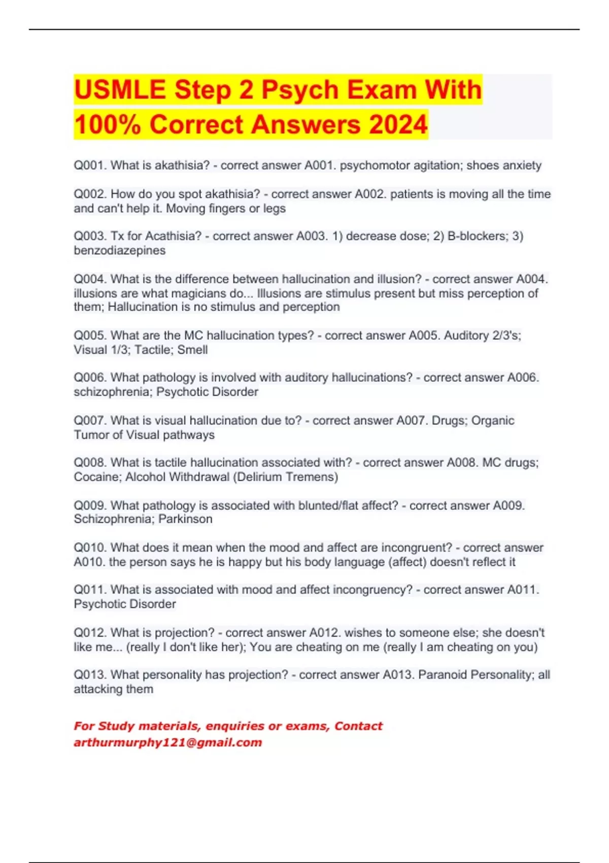 USMLE Step 2 Psych Exam With 100% Correct Answers 2024 - USMLE - Stuvia US