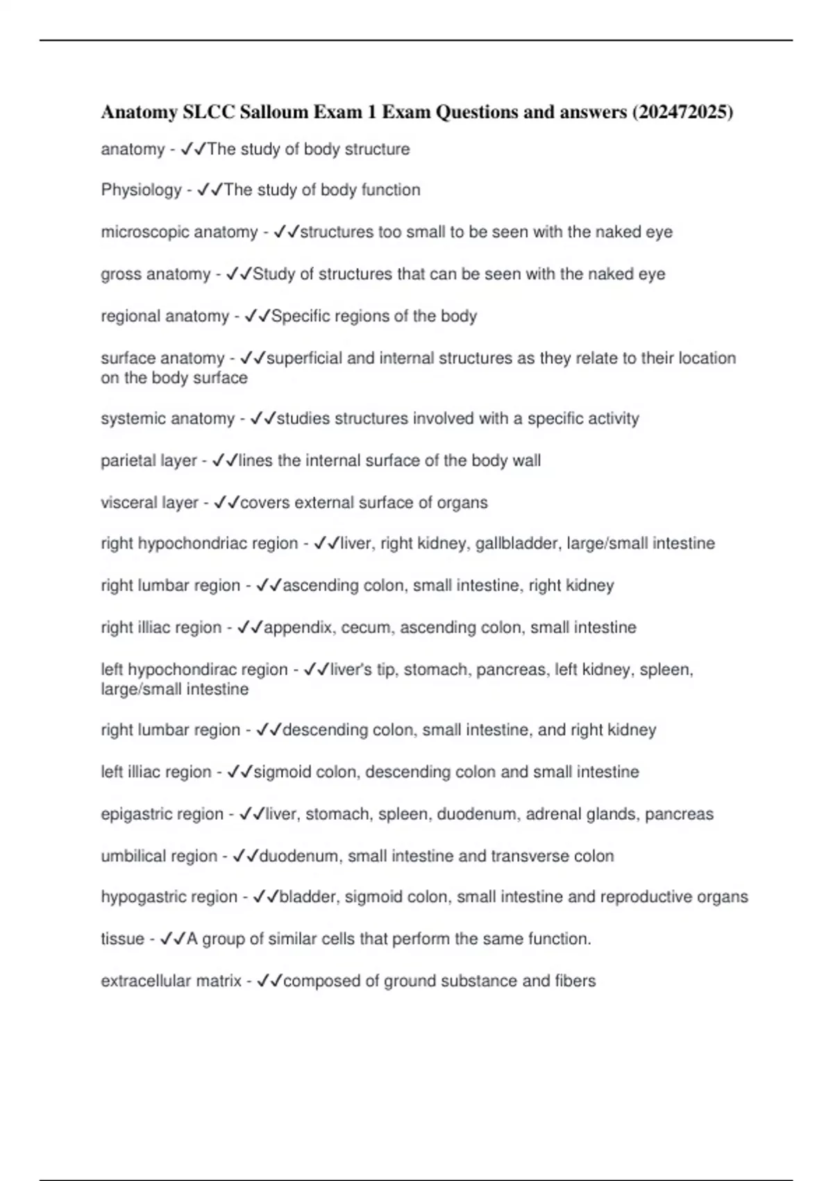 Anatomy SLCC Salloum Exam 1 Exam Questions and answers () - Anatomy - Stuvia US