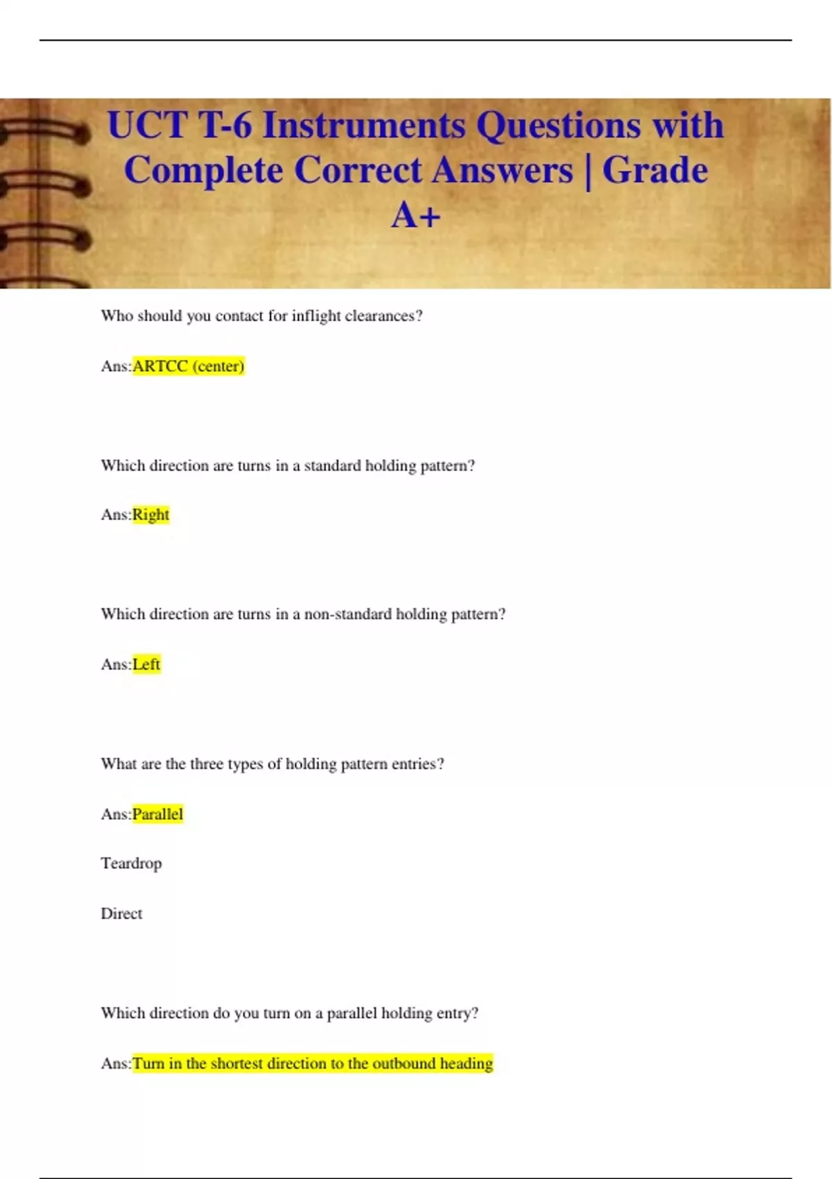 UCT T-6 Instruments Questions with Complete Correct Answers | Grade A+ ...
