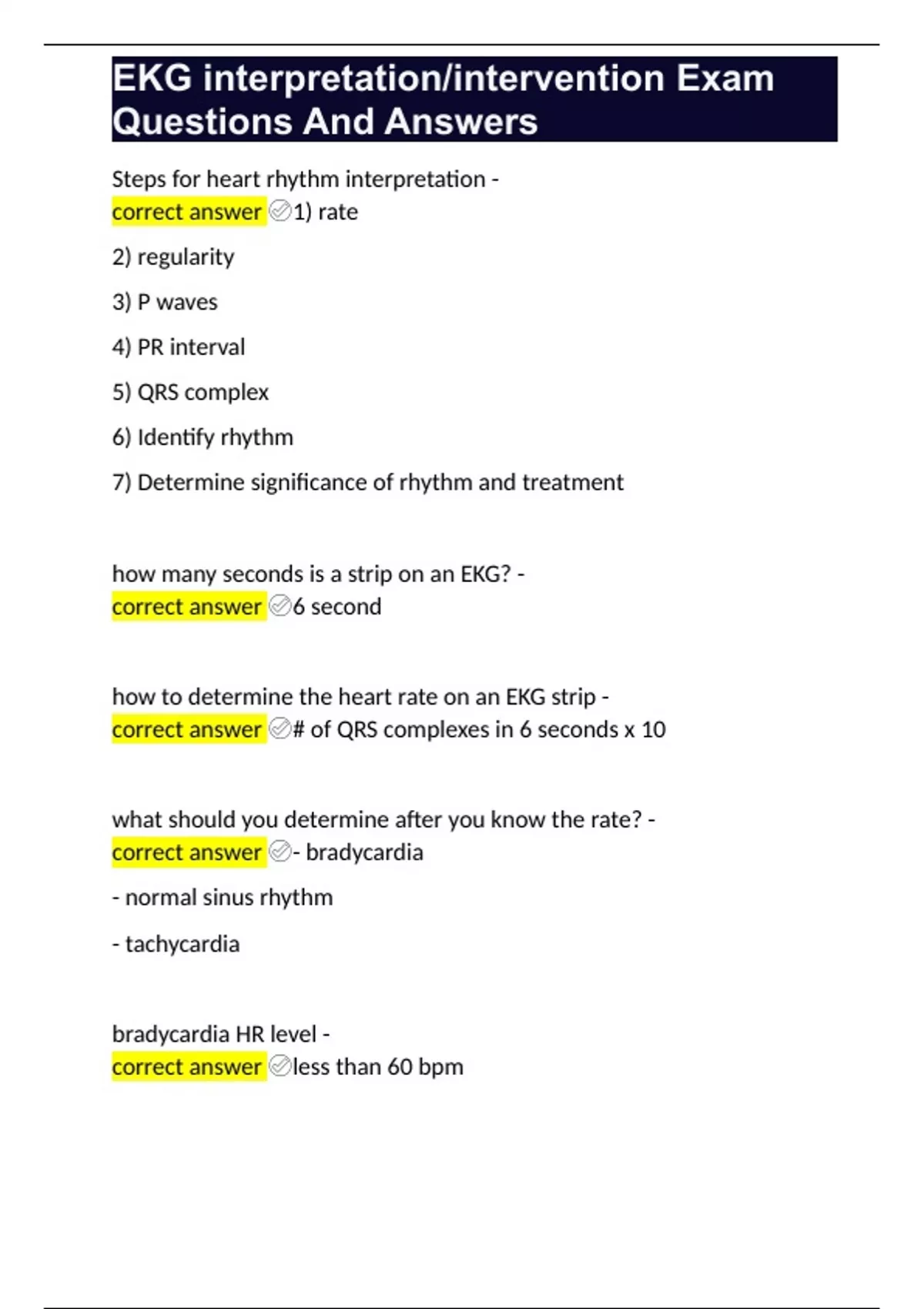 EKG interpretation/intervention Exam Questions And Answers - EKG ...