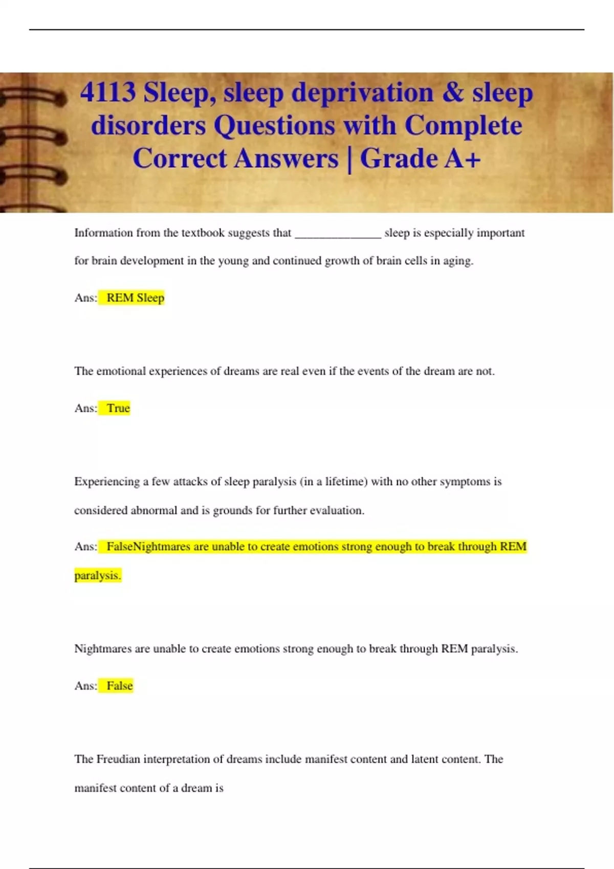 4113 Sleep, sleep deprivation & sleep disorders Questions with Complete ...