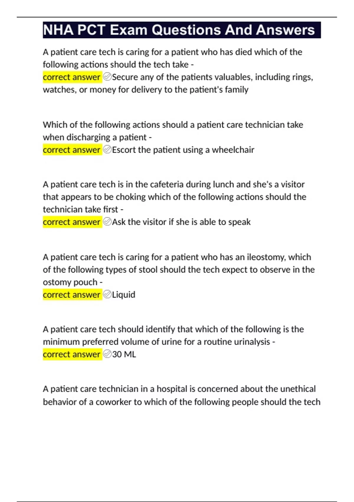 NHA PCT Exam Questions And Answers - NHA PCT - Stuvia US