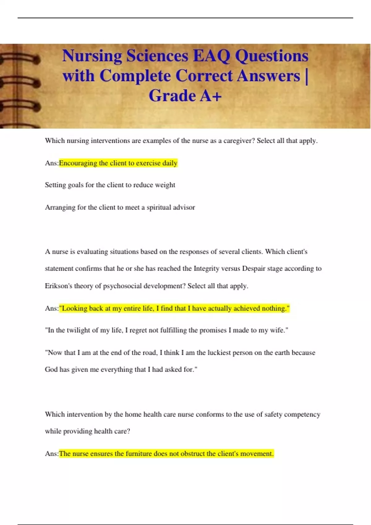 Nursing Sciences EAQ Questions with Complete Correct Answers | Grade A+ ...