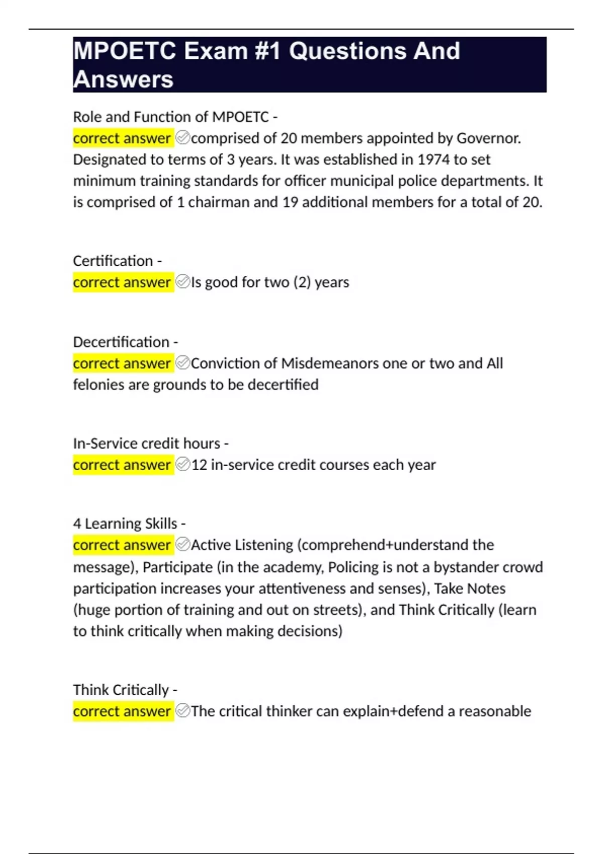 MPOETC Exam #1 Questions And Answers - MPOETC - Stuvia US