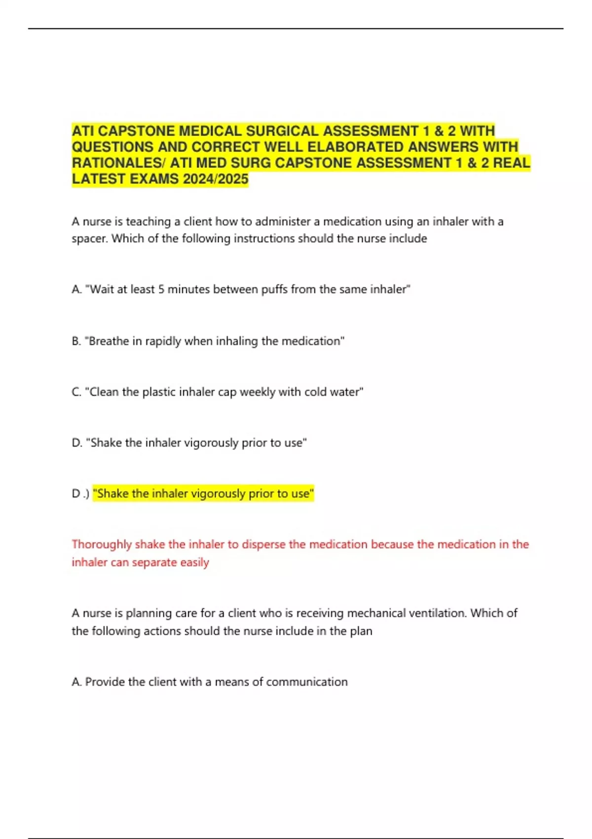 ATI CAPSTONE MEDICAL SURGICAL ASSESSMENT 1 & 2 WITH QUESTIONS AND ...