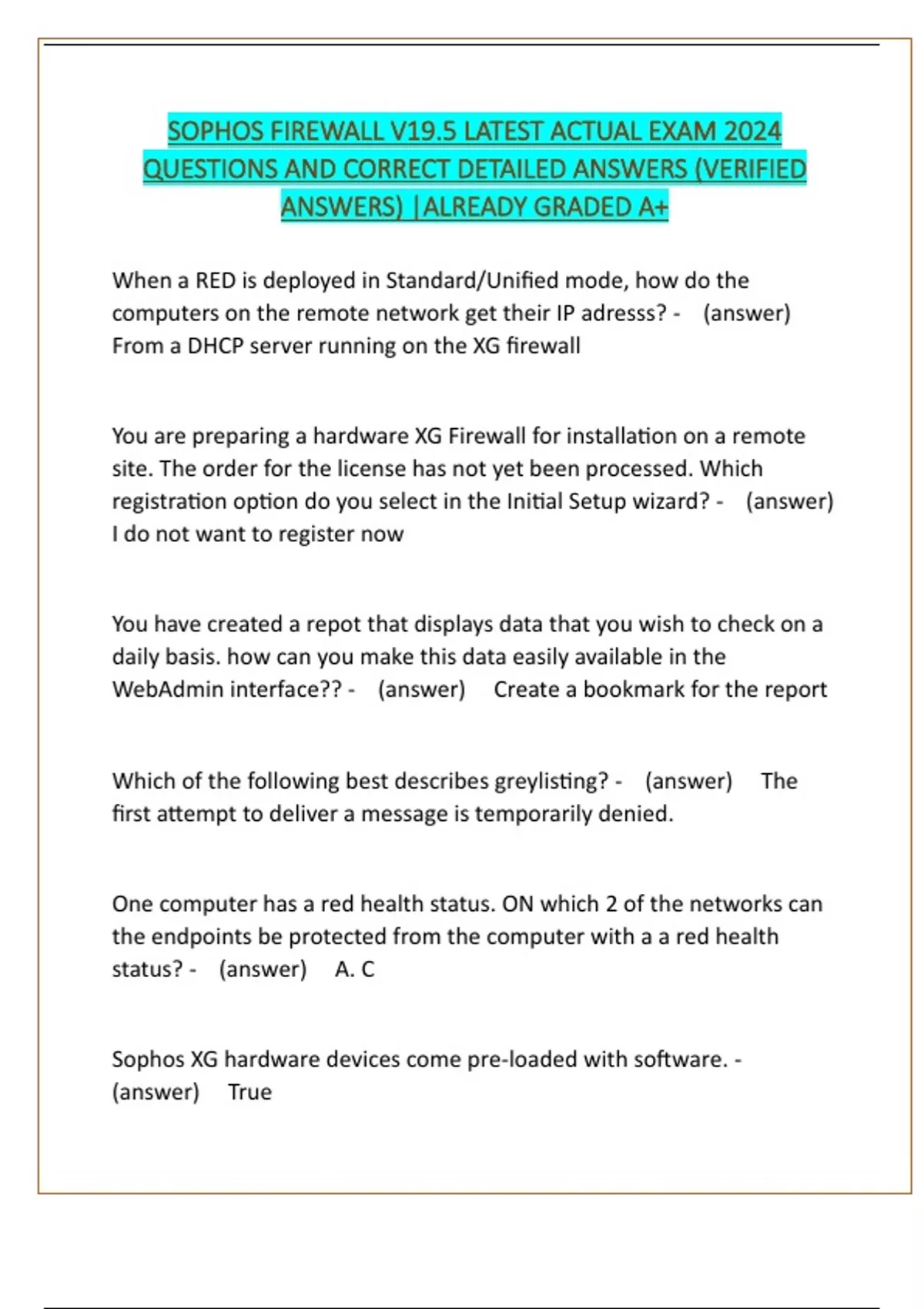 SOPHOS FIREWALL V19.5 LATEST ACTUAL EXAM 2024 QUESTIONS AND CORRECT ...