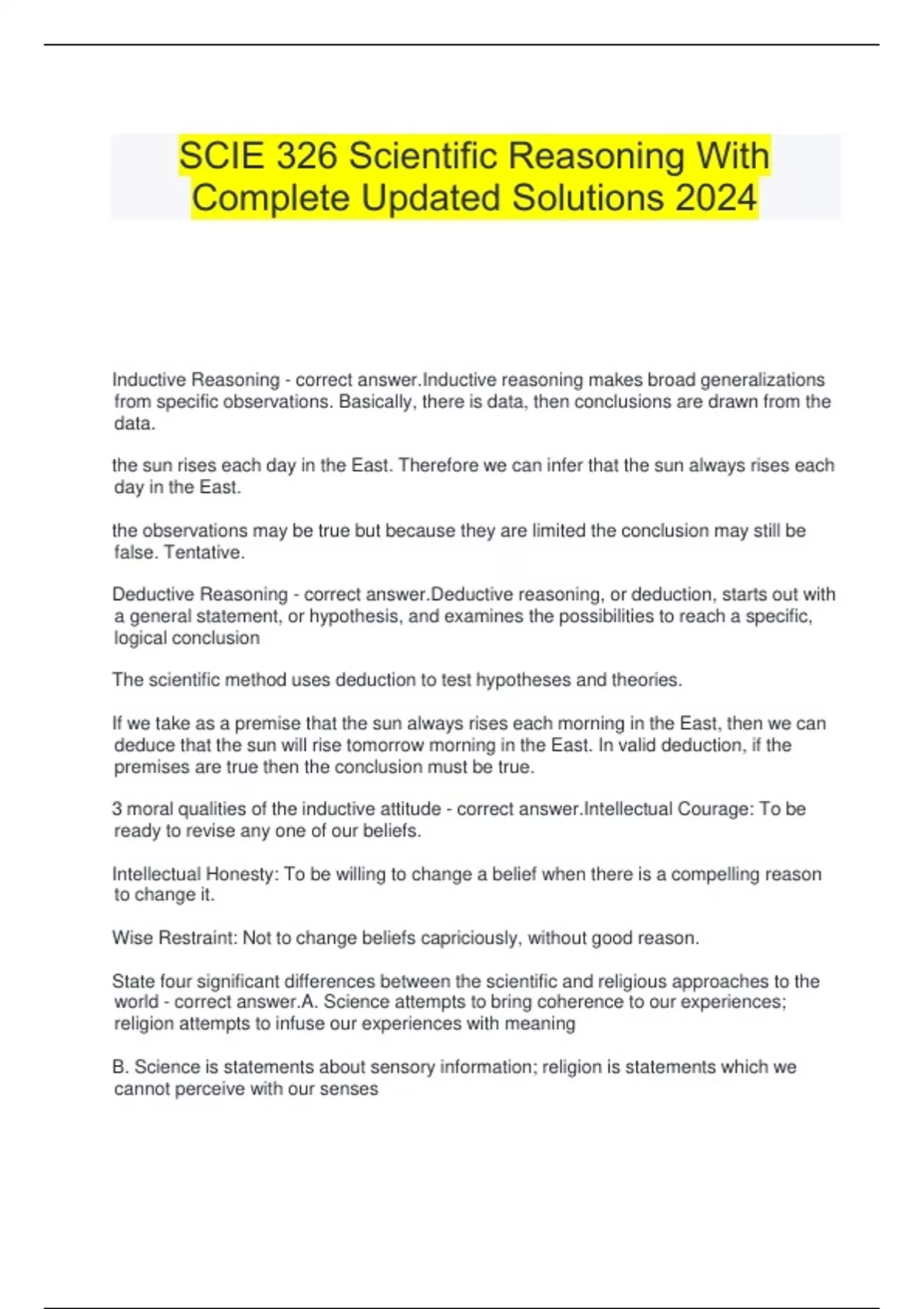 SCIE 326 Scientific Reasoning With Complete Updated Solutions 2024 - SCIE 326 - Stuvia US