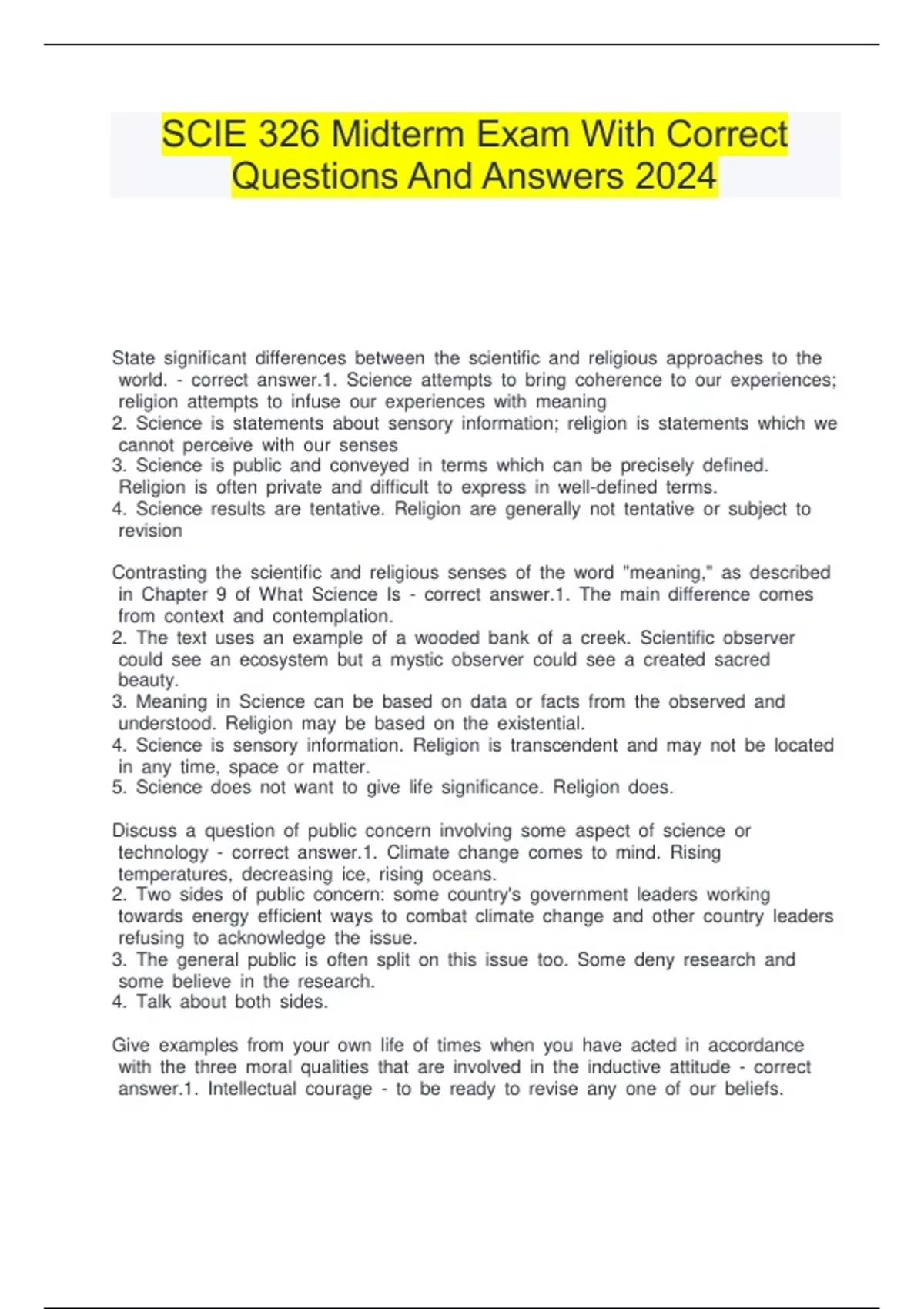 SCIE 326 Midterm Exam With Correct Questions And Answers 2024 - SCIE 326 - Stuvia US