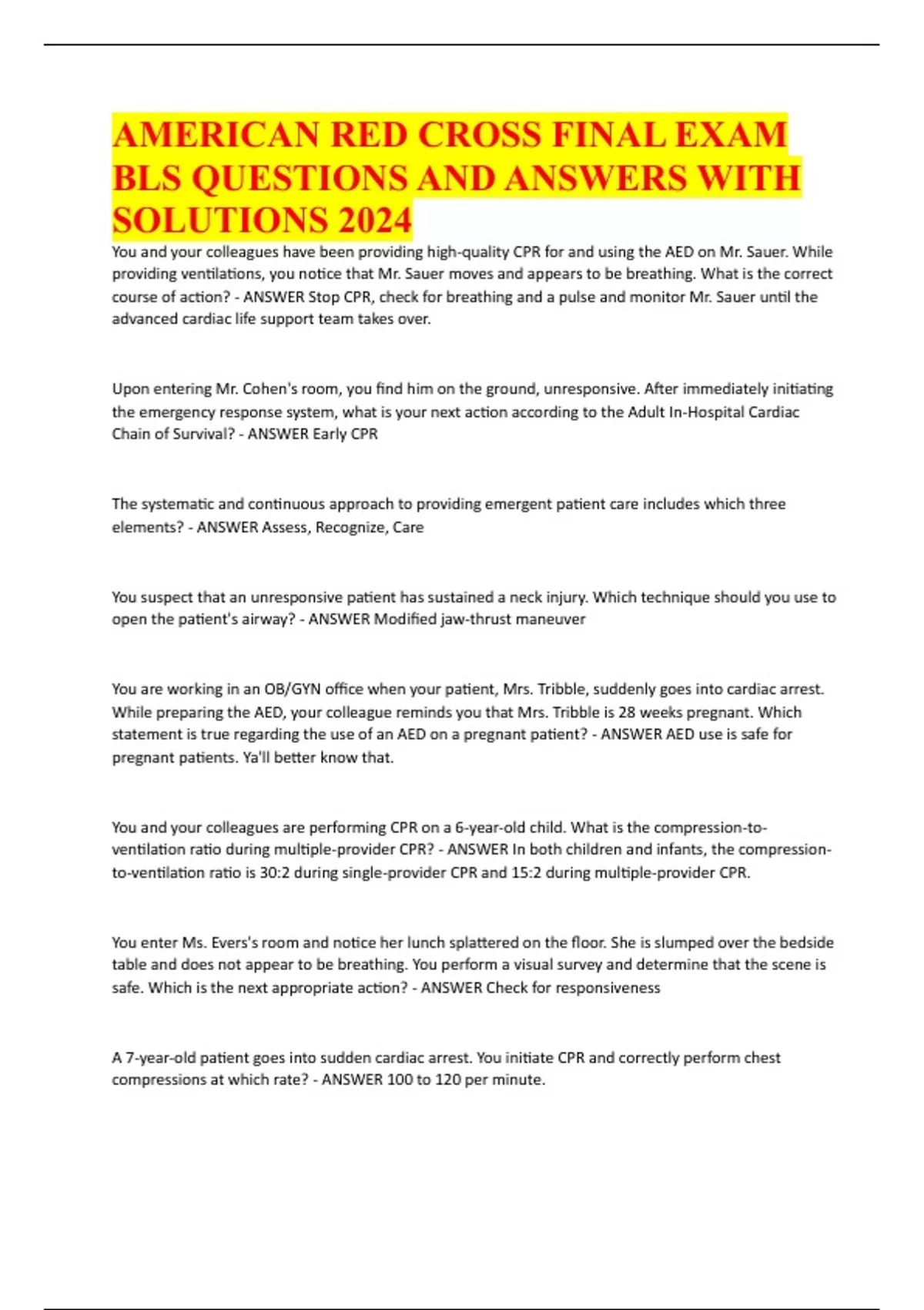 AMERICAN RED CROSS FINAL EXAM BLS QUESTIONS AND ANSWERS WITH SOLUTIONS ...