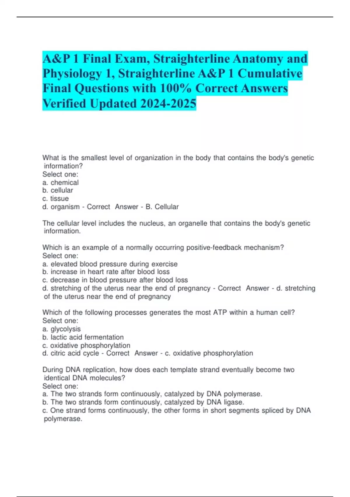 A&P 1 Final Exam, Straighterline Anatomy and Physiology 1 ...