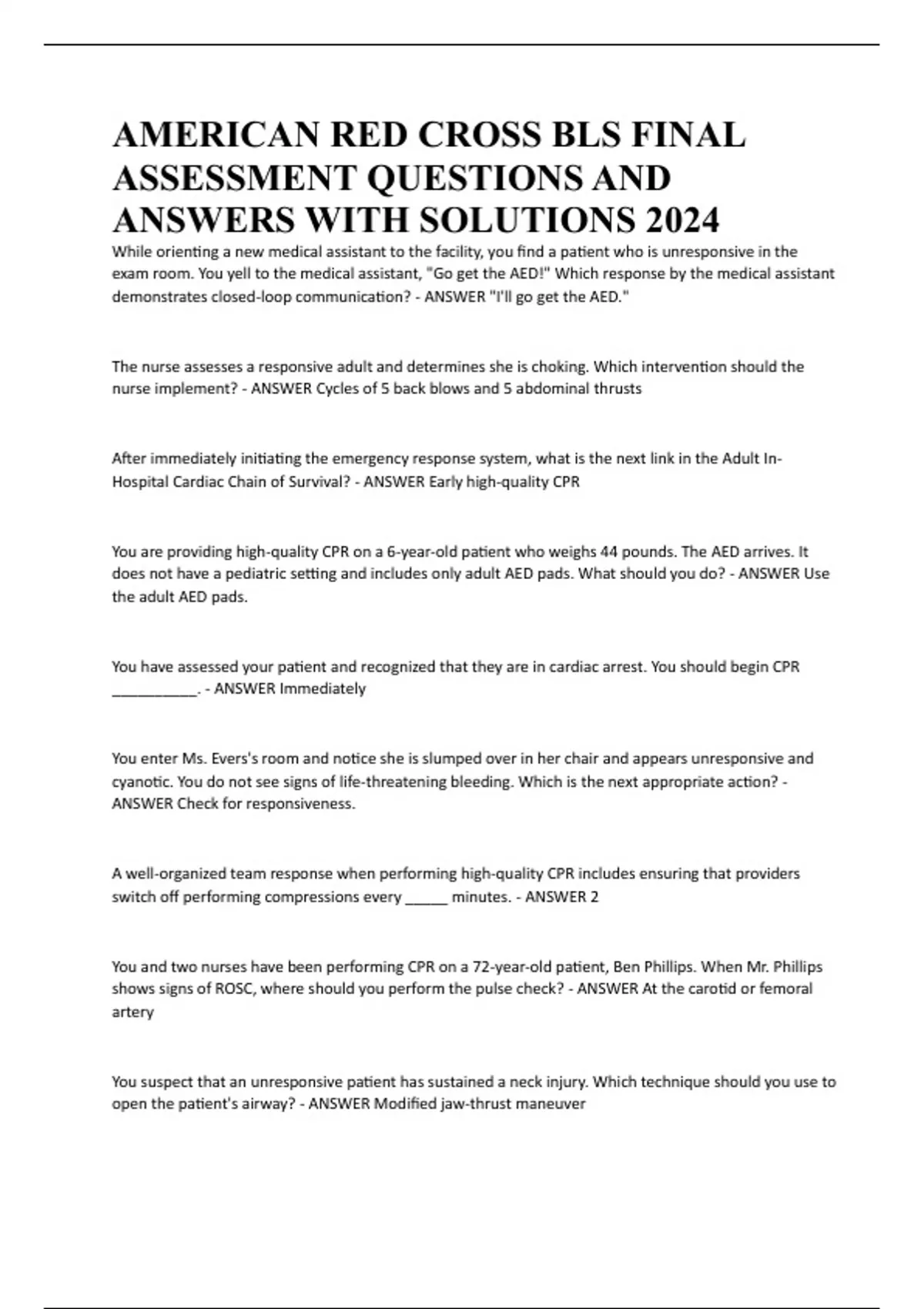 AMERICAN RED CROSS BLS FINAL ASSESSMENT QUESTIONS AND ANSWERS WITH ...