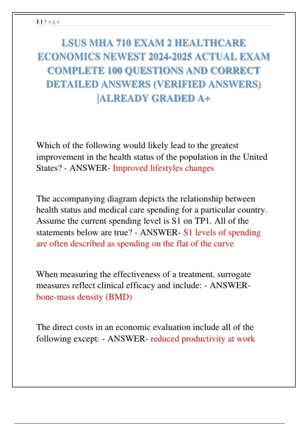 LSUS MHA 710 EXAM 2 HEALTHCARE ECONOMICS NEWEST ACTUAL EXAM COMPLETE ...