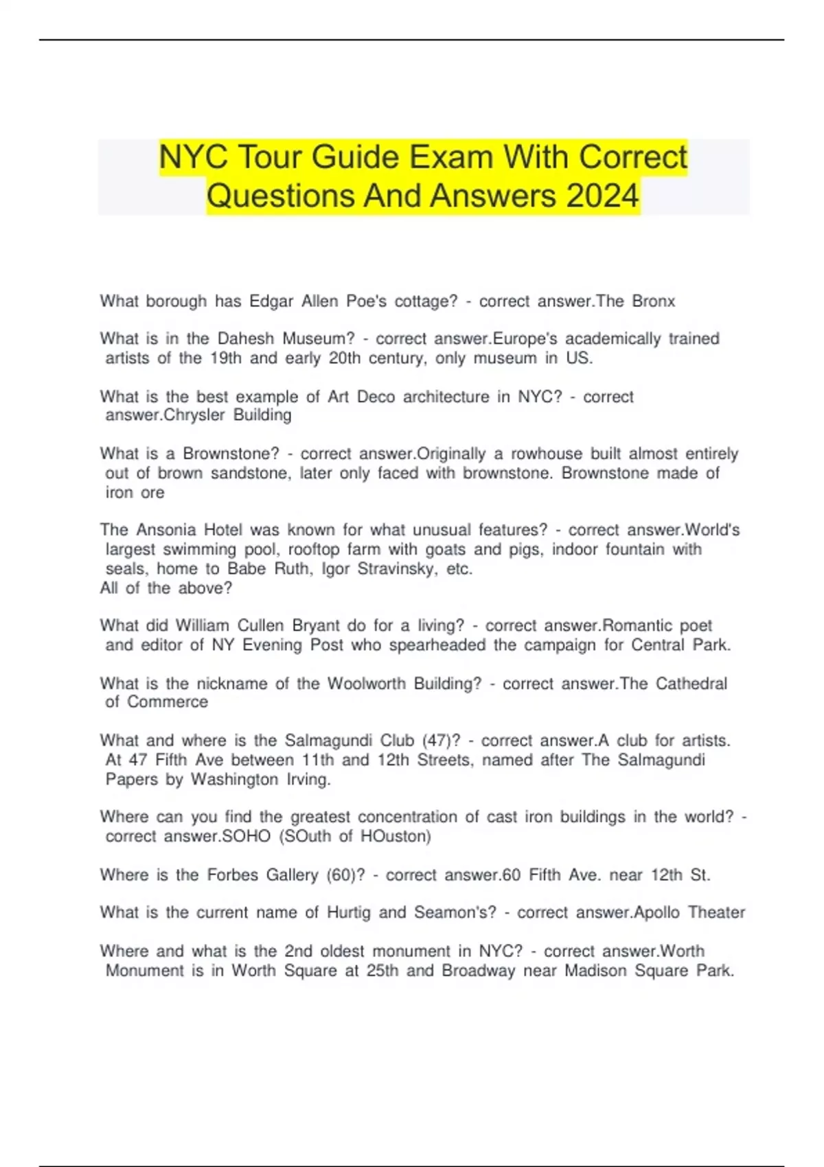 NYC Tour Guide Exam With Correct Questions And Answers 2024 - NYC Tour ...