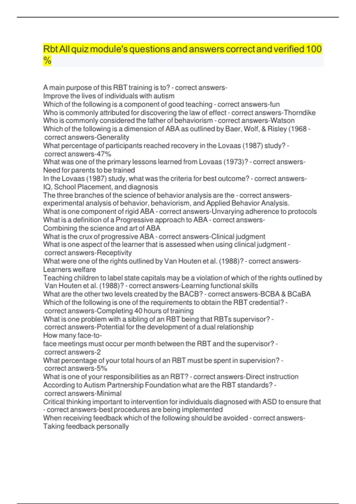 Rbt All quiz module's questions and answers correct and verified 100% - Rbt - Stuvia US