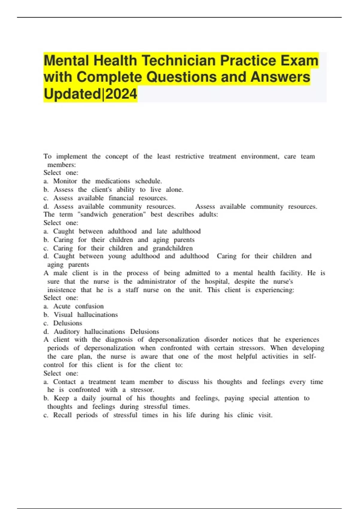 Mental Health Technician Practice Exam with Complete Questions and ...
