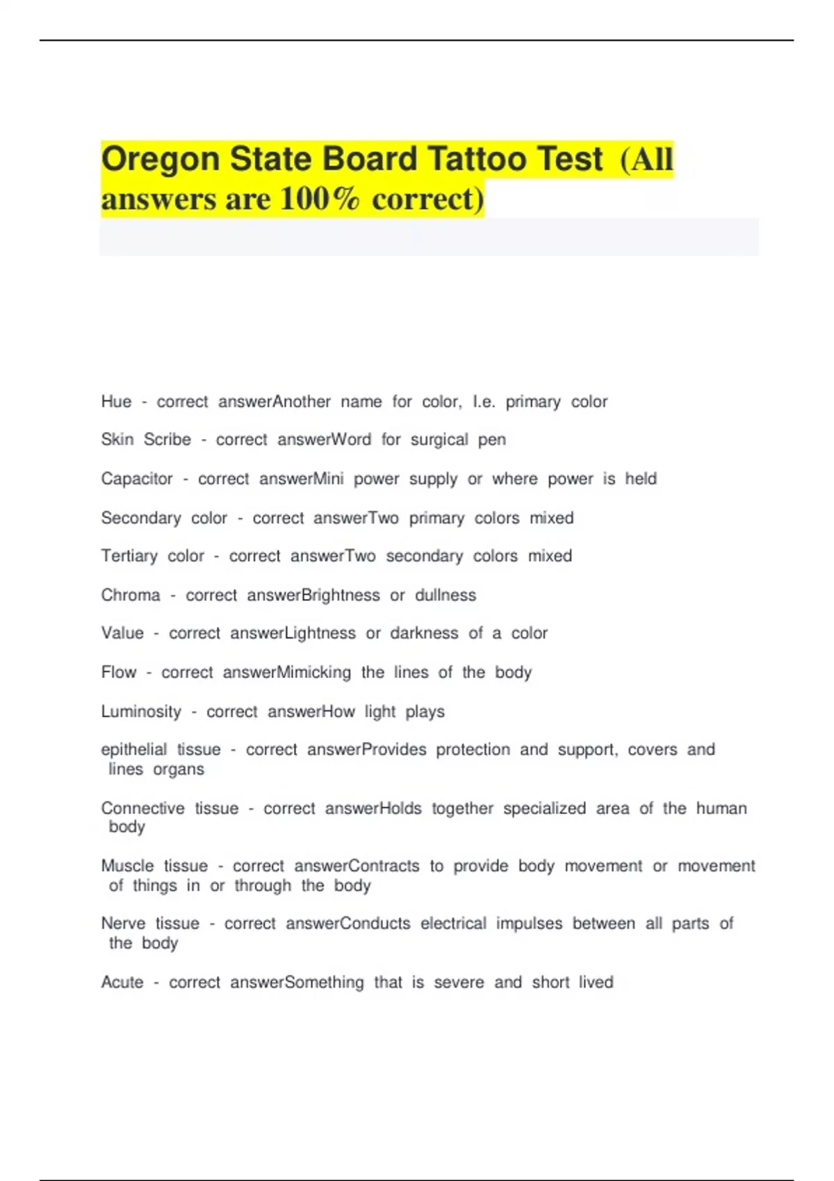 Oregon State Board Tattoo Test (All answers are 100% correct) - Tattoo ...