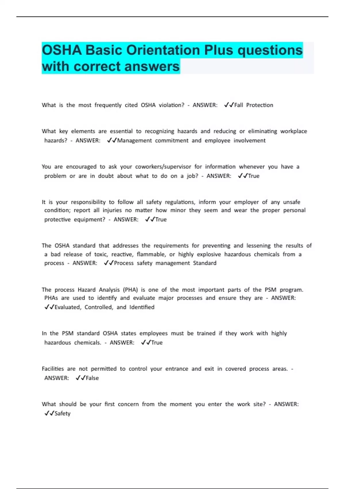 OSHA Basic Orientation Plus questions with correct answers - OSHA Basic ...