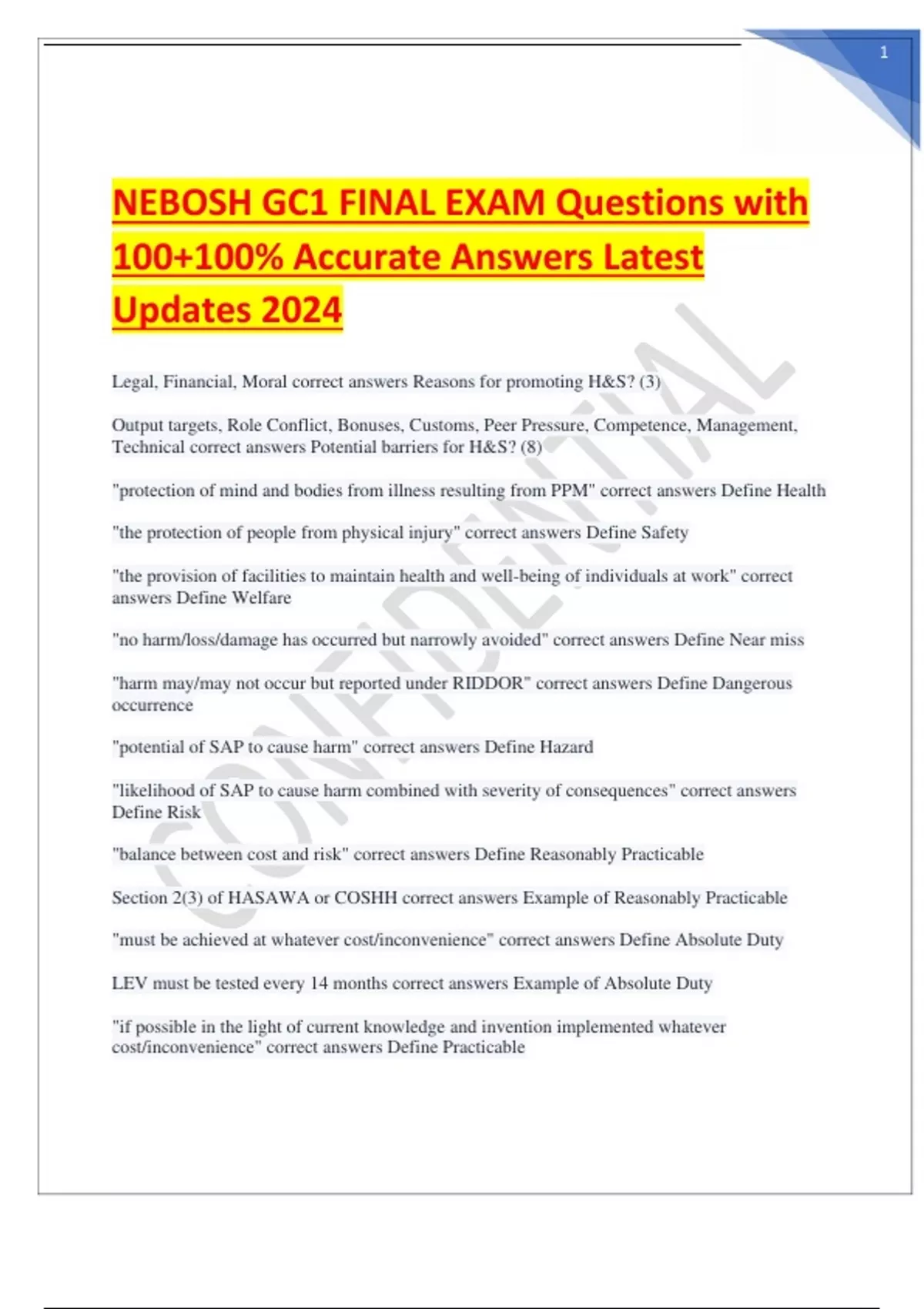 NEBOSH GC1 FINAL EXAM Questions with 100+100% Accurate Answers Latest ...