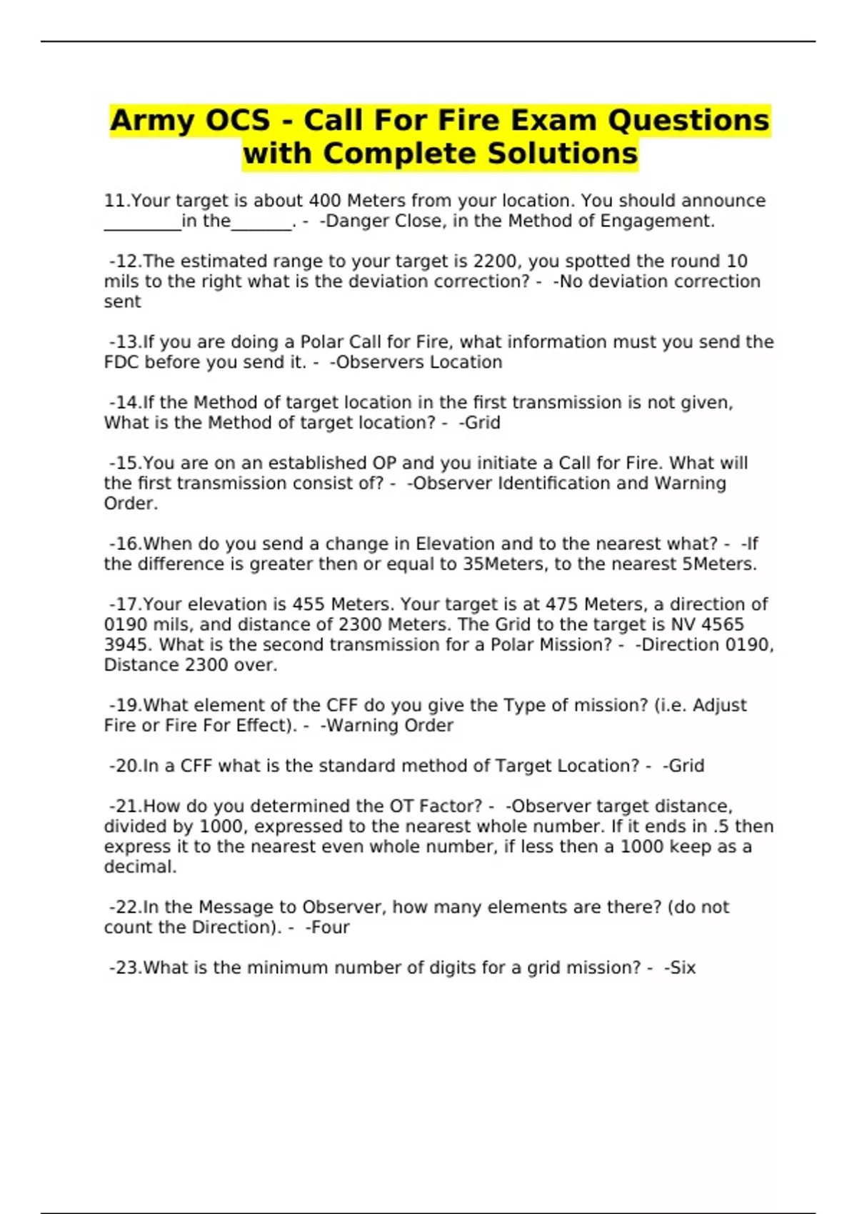 Army OCS - Call For Fire Exam Questions with Complete Solutions - Army OCS - Call For Fire ...