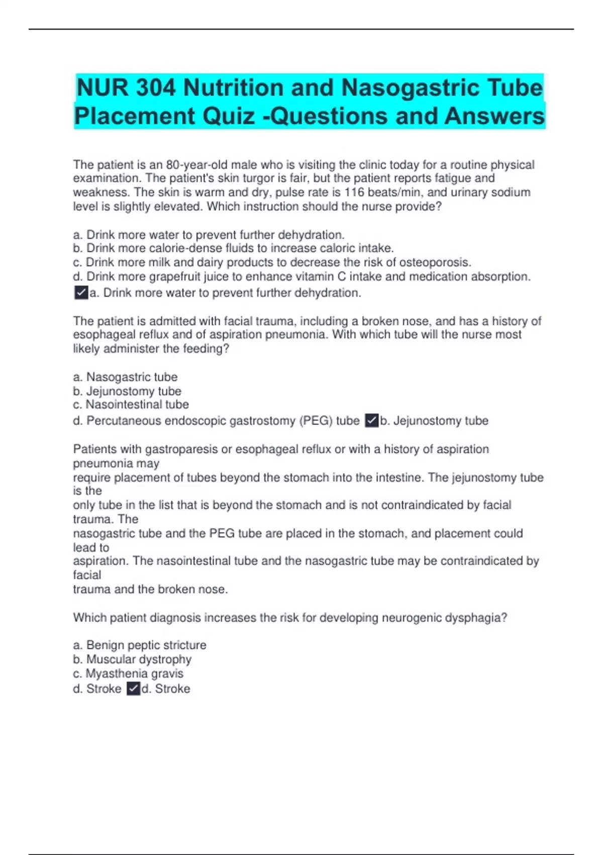 NUR 304 Nutrition and Nasogastric Tube Placement Quiz -Questions and ...