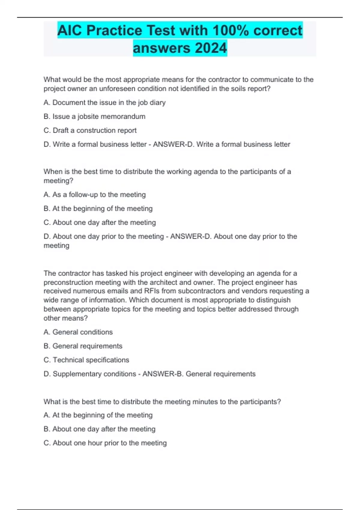 AIC Practice Test with 100- correct answers 2024 - AIC - Stuvia US